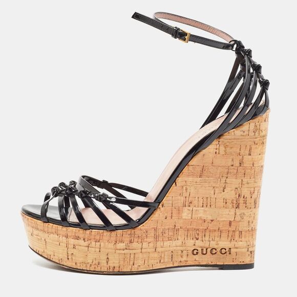 Gucci | Shoes | Gucci Black Patent Studded Cork Wedge Sandals Size 4 ...
